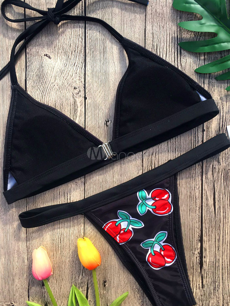 Sexy Triangle Bikini Black Halter Cherry Print Beach Swimwear Bathing