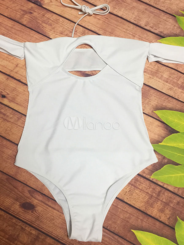 White Sexy Swimsuit Halter Cut Out Backless One Piece Bathing Suit