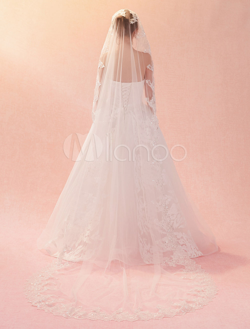 Wedding Veil Long Lace Applique Beading Ivory One Tier Waterfall ...