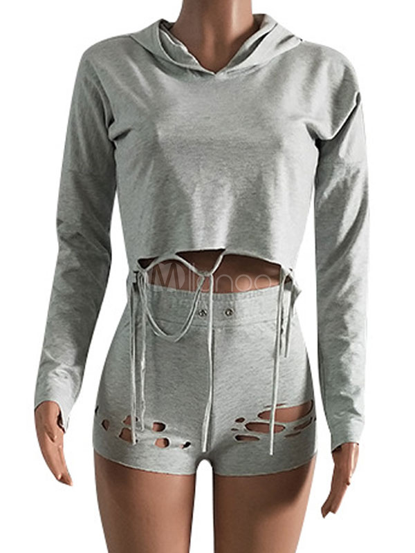 Women Two Piece Set Long Sleeve Cut Out Lace Up Hoodded Top - Milanoo.com