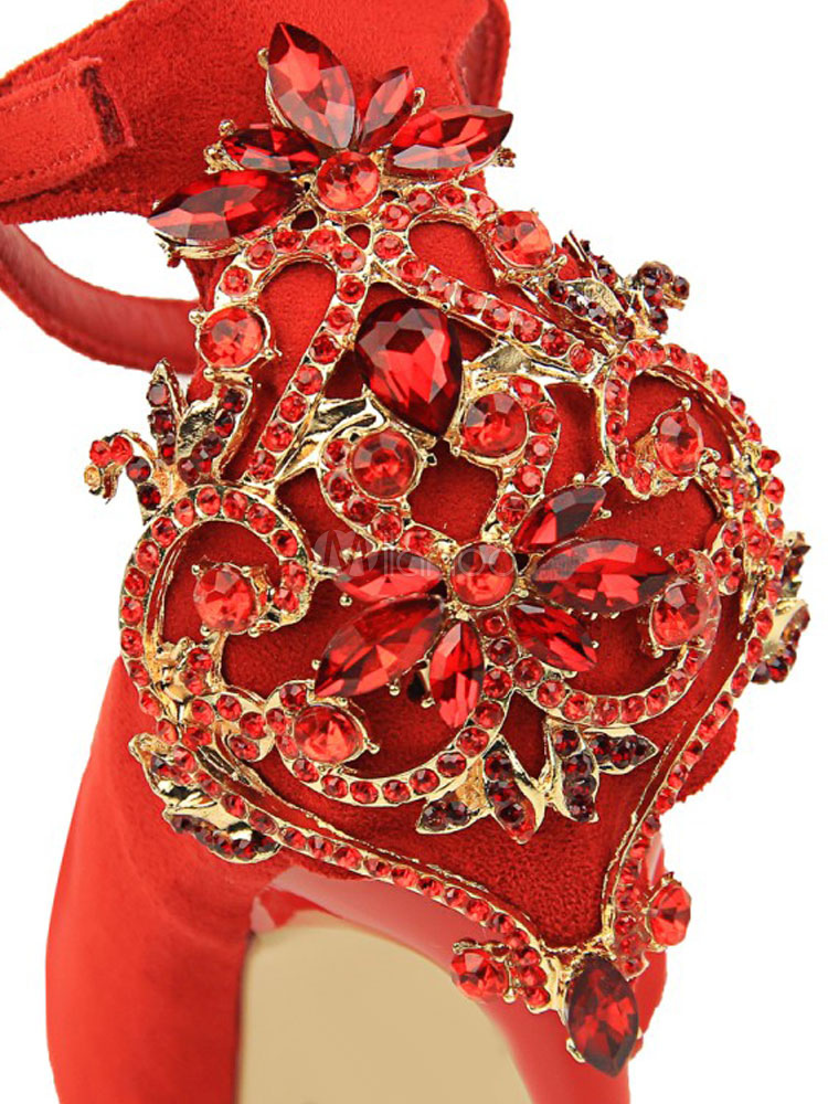 Red High Heels Women Party Shoes Suede Pointed Toe Rhinestones Ankle ...