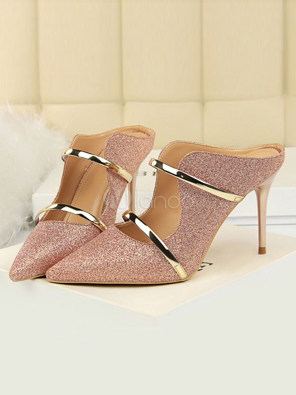 Women High Heels Glitter Pointed Toe Backless Slip On Mules