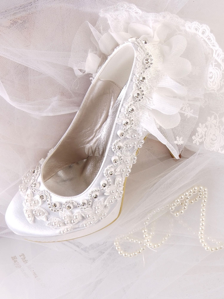 Weiße Hochzeit Schuhe Satin Spitz Perlen Strass Brautschuhe Frauen ...