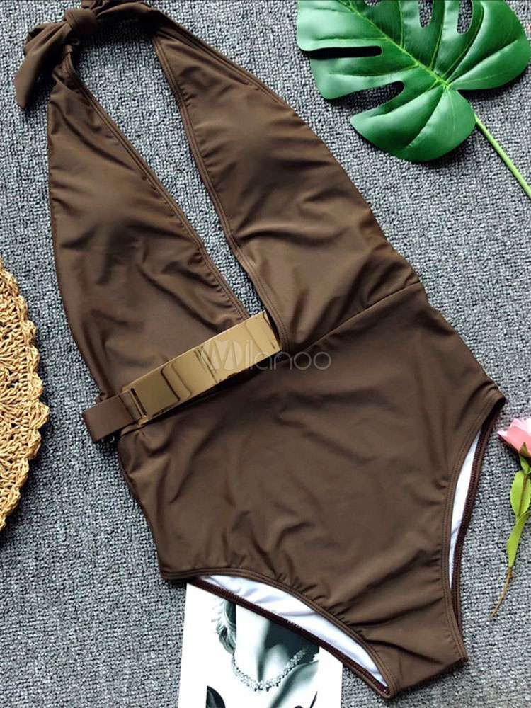 Women Sexy Swimwear Halter Metal Details One Piece Bathing Suit ...