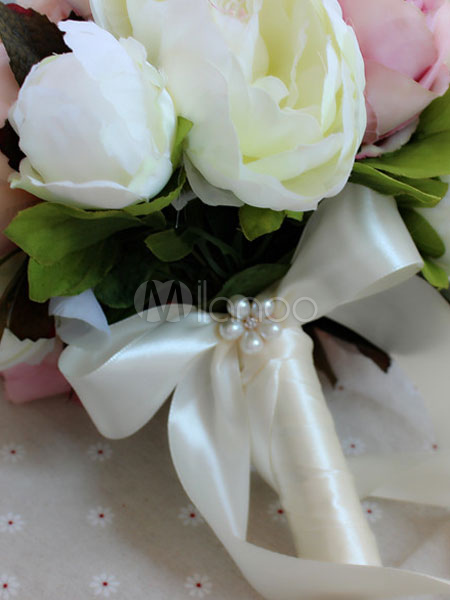 Pink Wedding Flowers Ribbon Bows Silk Floral Bridal Bouquet - Milanoo.com