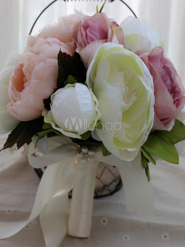 Pink Wedding Flowers Ribbon Bows Silk Floral Bridal Bouquet - Milanoo.com