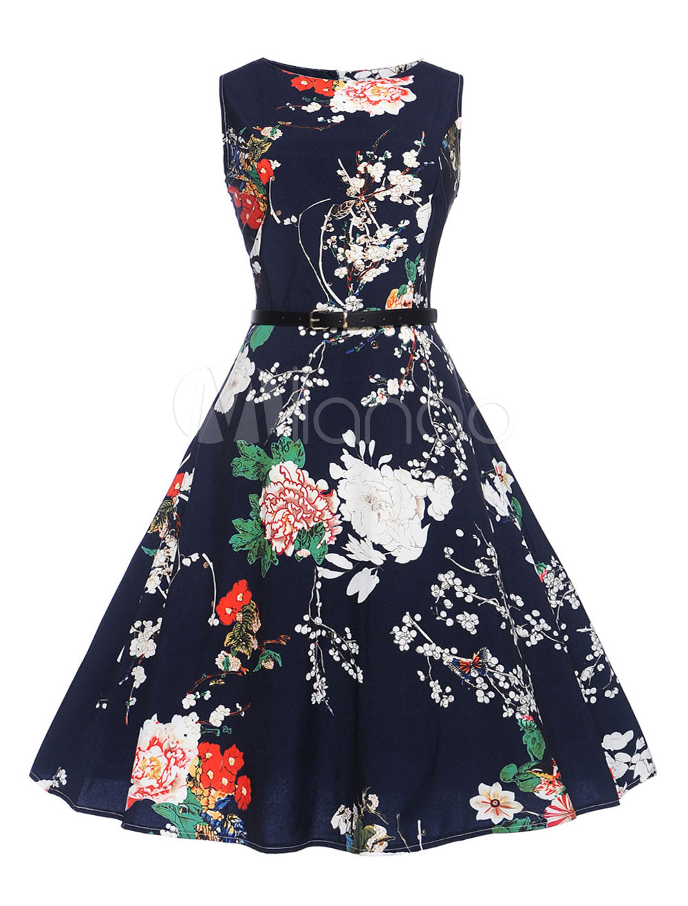 Floral Vintage Dress Sleeveless Dark Navy Retro Dress Summer Midi Dress ...