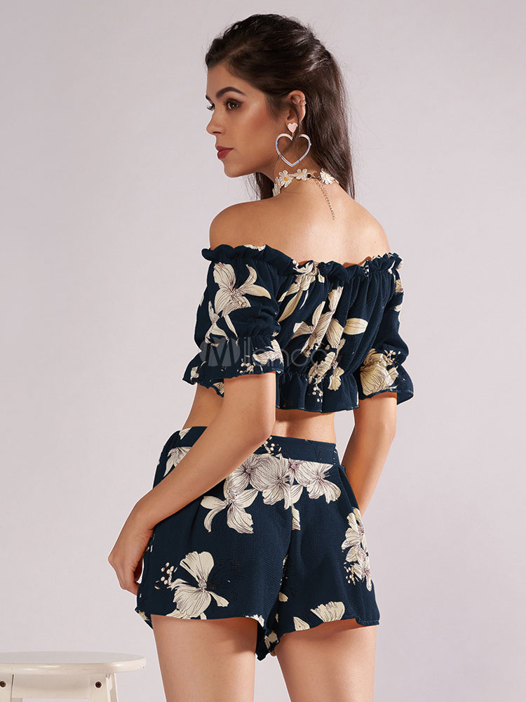 Damen Zweiteiler Aus Der Schulter Rüschen Floral Crop Top Mit