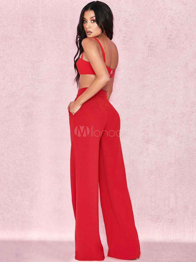Red Two Piece Set Spaghetti Straps Sexy Crop Top With Wide Leg Trousers