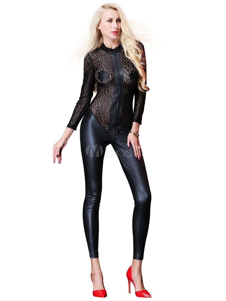 Pole Dancing Catsuit En Cuir Comme Leopard Patch En Dentelle Femmes
