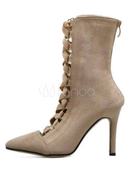 Bottines kaki en daim bout pointu lacets bottines à talon haut pour ...
