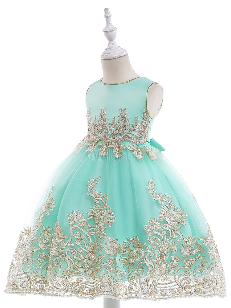 Blue Flower Girl Dresses Lace Applique Bows A Line Knee Length Kids ...