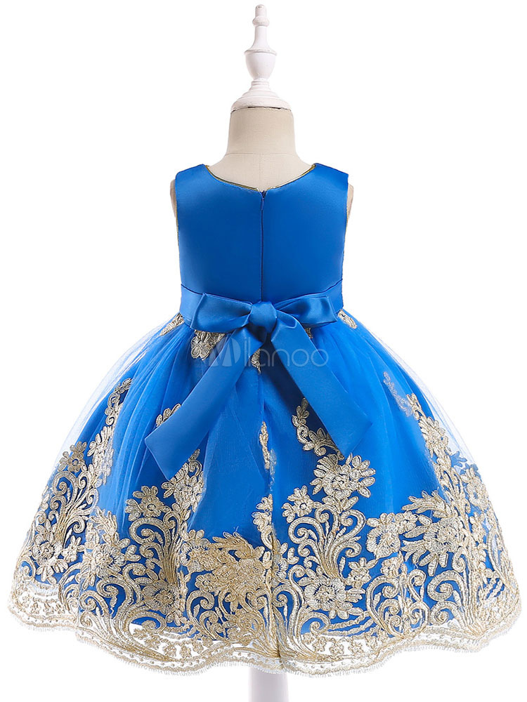 Blue Flower Girl Dresses Lace Applique Bows A Line Knee Length Kids ...