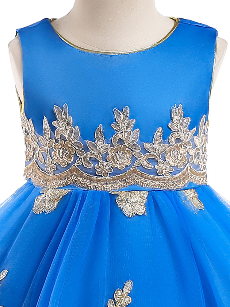 Blue Flower Girl Dresses Lace Applique Bows A Line Knee Length Kids ...