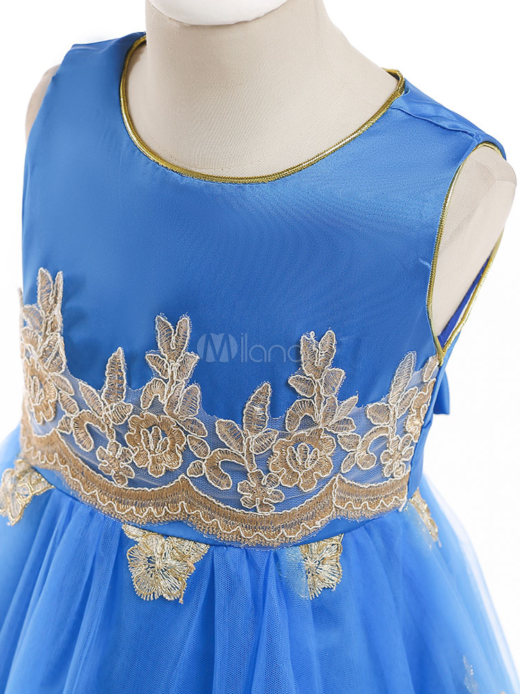 Blue Flower Girl Dresses Lace Applique Bows A Line Knee Length Kids ...