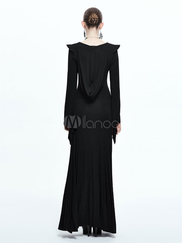 Halloween Gothic Costume Women Black Long Sleeve High Split Hooded Maxi ...