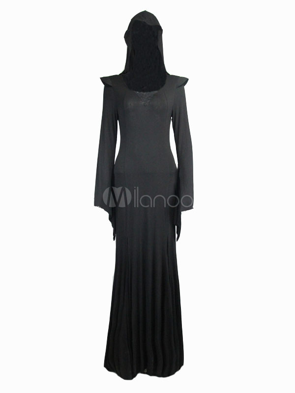 Halloween Gothic Costume Women Black Long Sleeve High Split Hooded Maxi ...