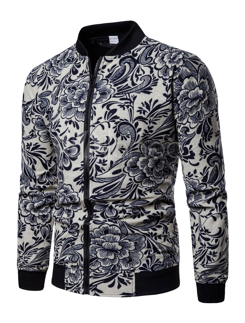 Black Baseball Jacket Floral Print Zipper Cotton Linen Men Varsity ...