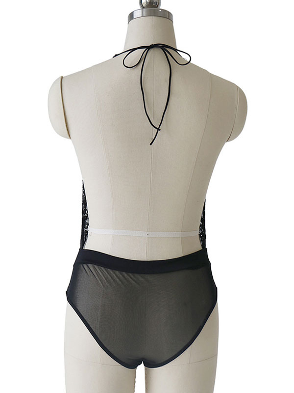 Sexy Black Teddies Sheer Plunging Backless Halter Women Lingerie ...