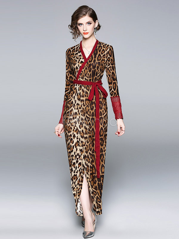 Long Sleeve Maxi Dress Leopard Print Wrap Dress V Neck Lace Split