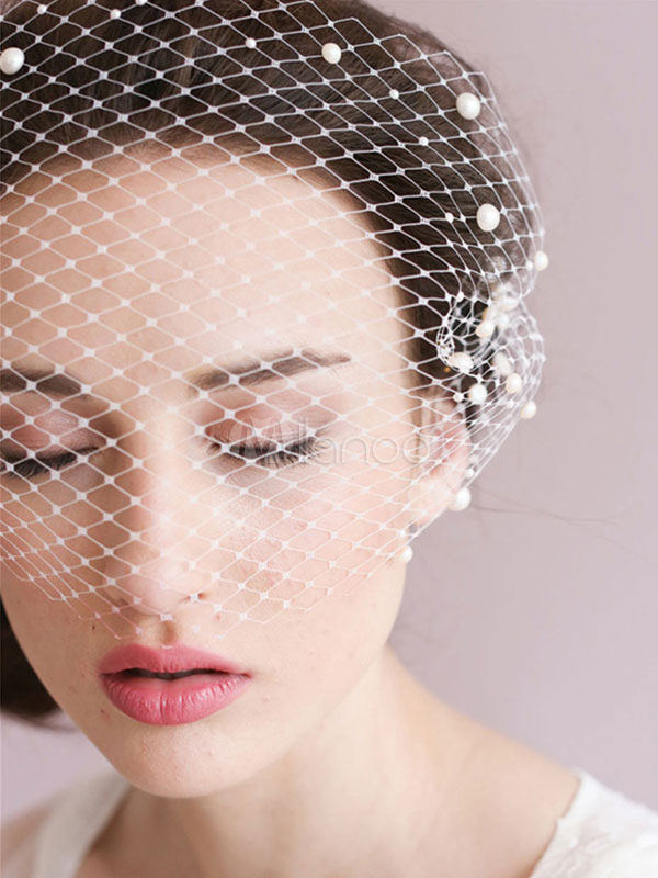 Blusher Veil Wedding Pearls Comb White Bridal Fishnet Birdcage Veil ...