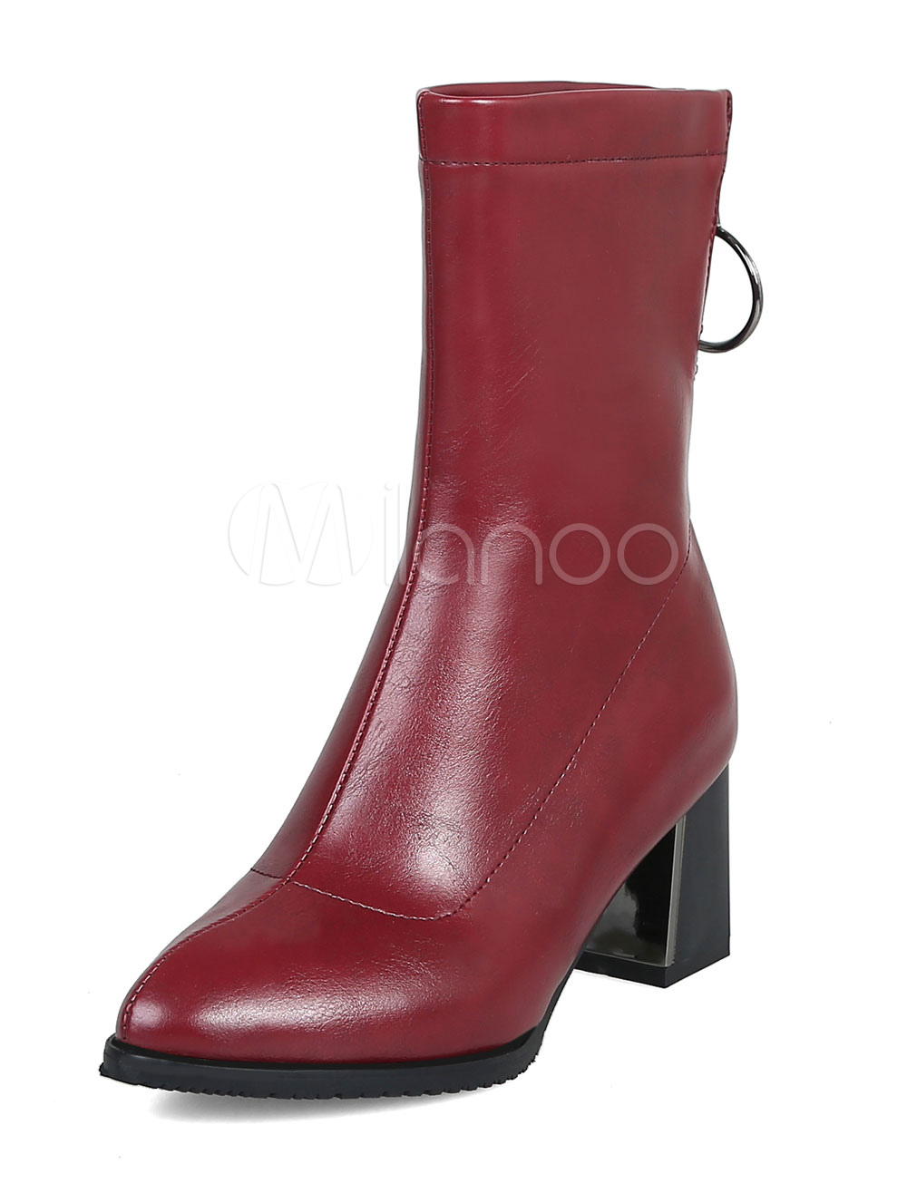 Burgundy Ankle Boots Women Pointed Toe Zip Up Chunky Heel Winter Boots ...