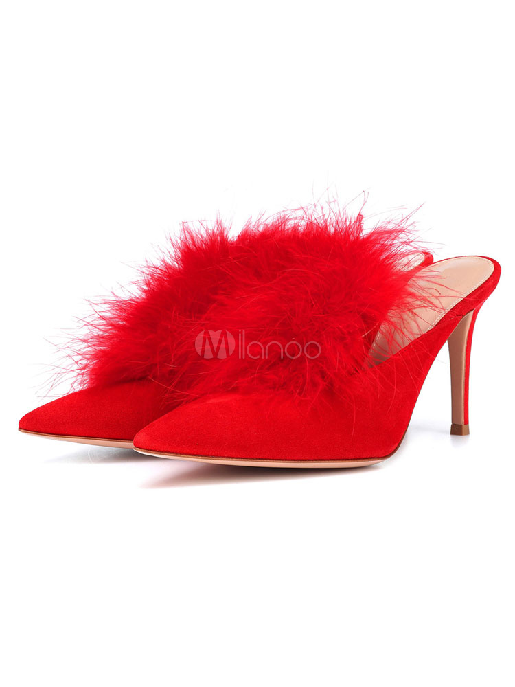 High Heel Mules Suede Nap Pointed Toe Feathers Detail Backless Mule ...
