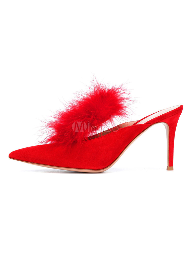 High Heel Mules Suede Nap Pointed Toe Feathers Detail Backless Mule ...