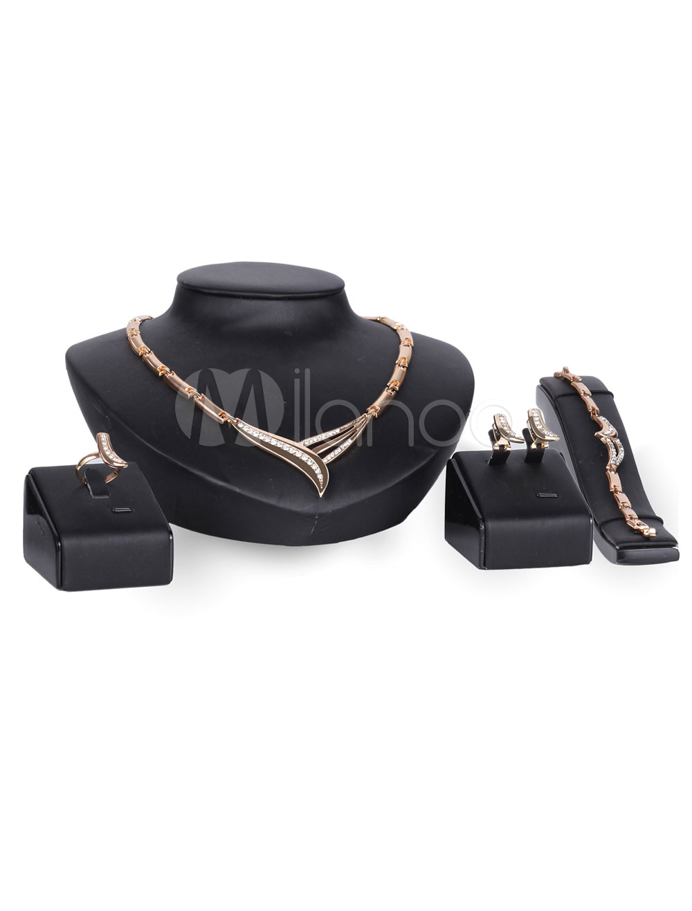 Gold Party Jewelry Set Rhinestone Necklace Earrings Ring Bracelet ...