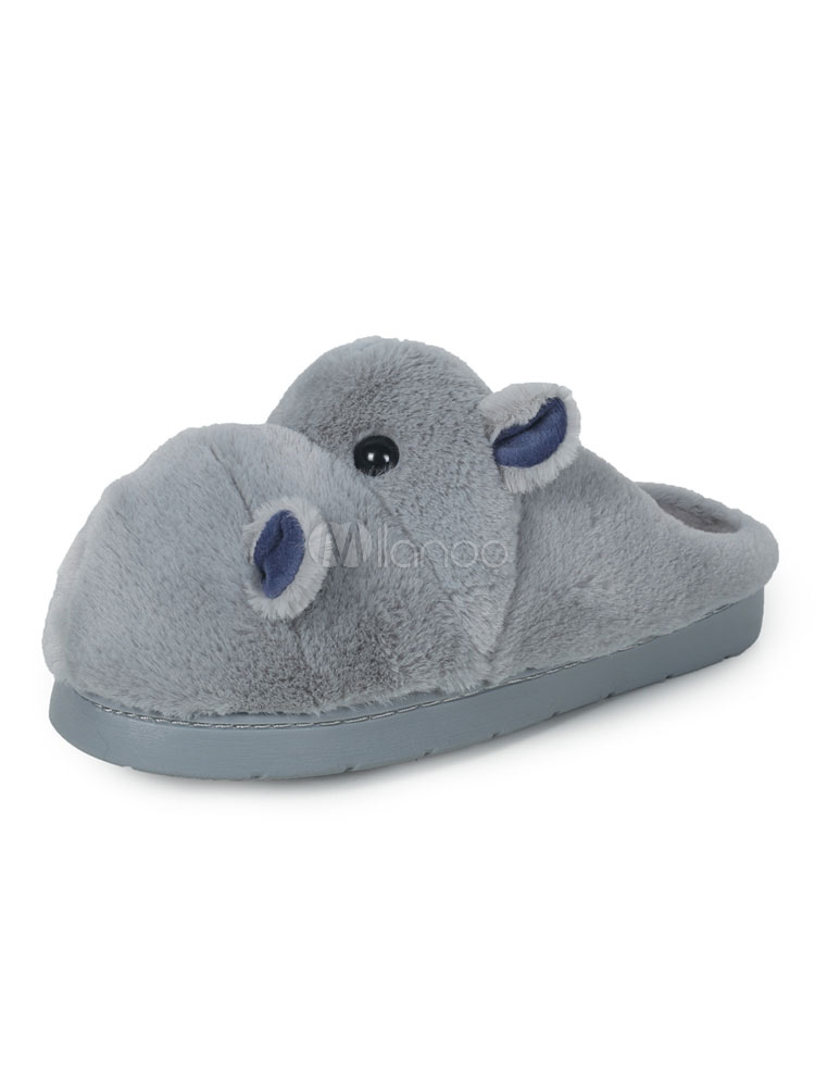Blue Winter Shoes Plush Round Toe Hippo Pattern Backless House Slippers ...