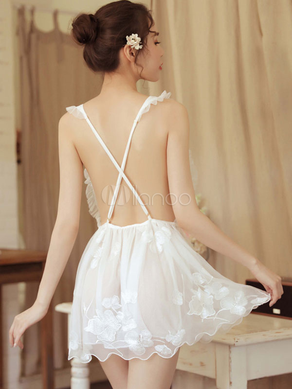 White Sexy Babydolls Plunging Ruffles Backless Night Dress - Milanoo.com