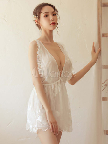 White Sexy Babydolls Plunging Ruffles Backless Night Dress - Milanoo.com