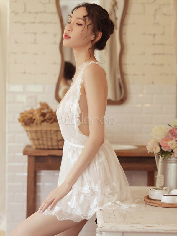 White Sexy Babydolls Plunging Ruffles Backless Night Dress - Milanoo.com