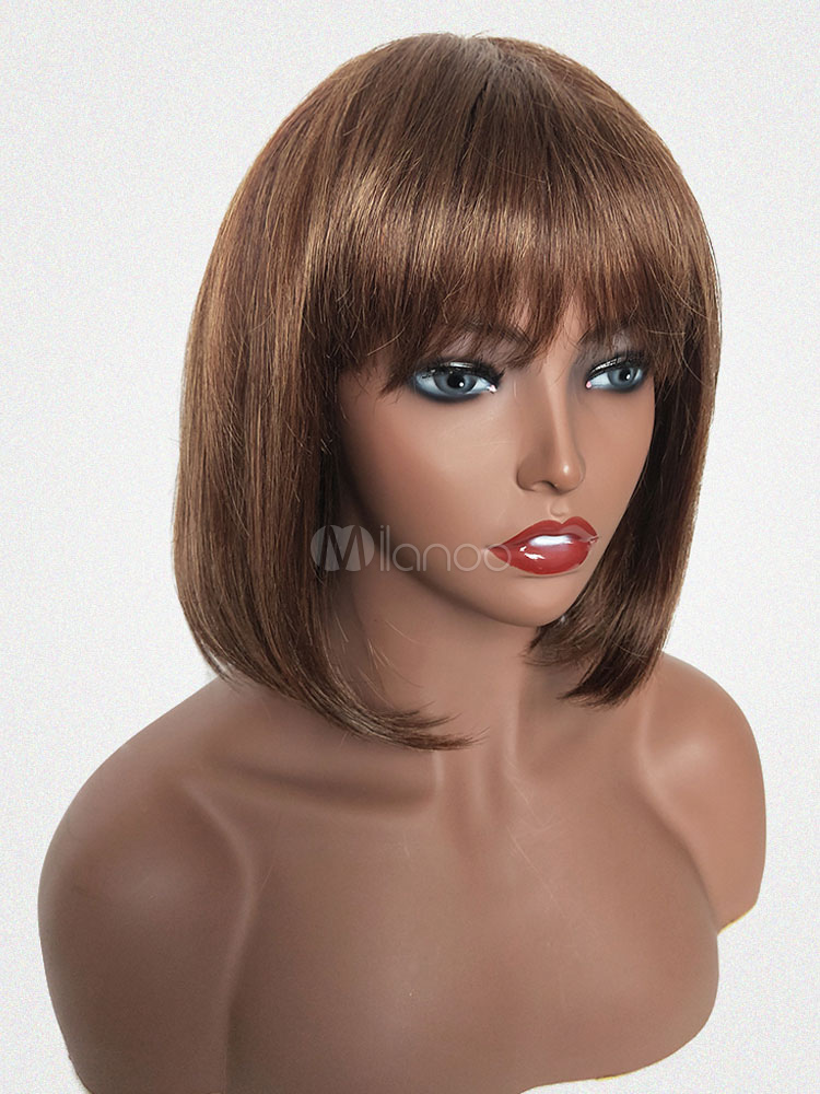 Perruques de cheveux humains perruques de cheveux brun foncé avec des ...