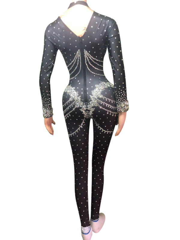 Jazz Dance Costume Sexy Jumpsuits Black Beaded Women Nightclub Wear