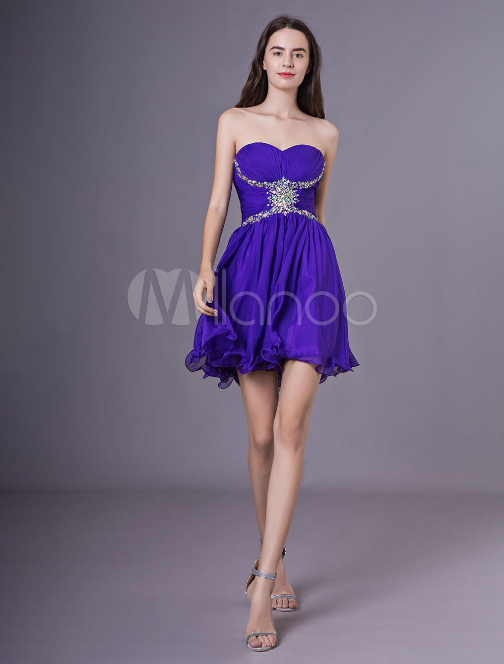 Short Chiffon Homecoming Dress With Rhinestones Detailing