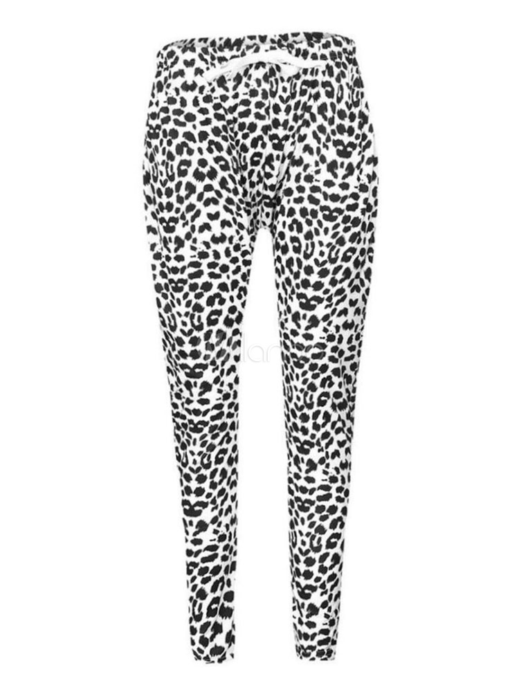 Frauen Leopard Hosen Kordelzug Taschen Elastische Taille Casual Hosen