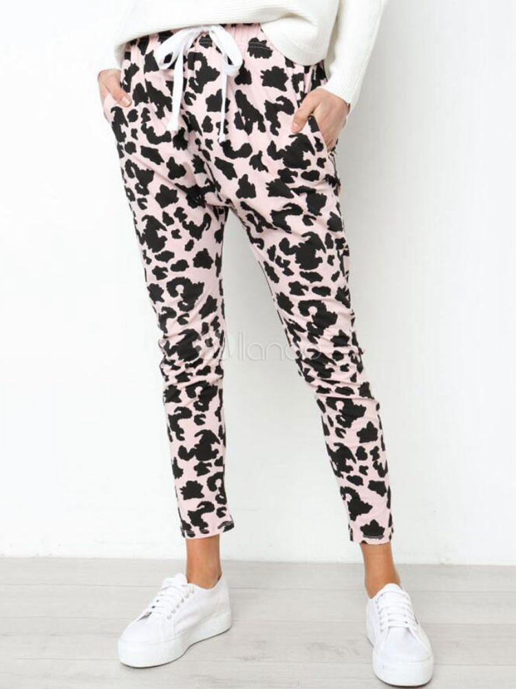 Frauen Leopard Hosen Kordelzug Taschen Elastische Taille Casual Hosen