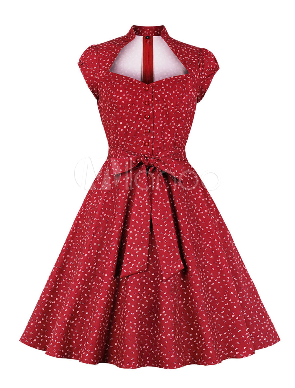 Women Vintage Dress 1950s Queen Anne Collar Button Short Sleeve Sash ...