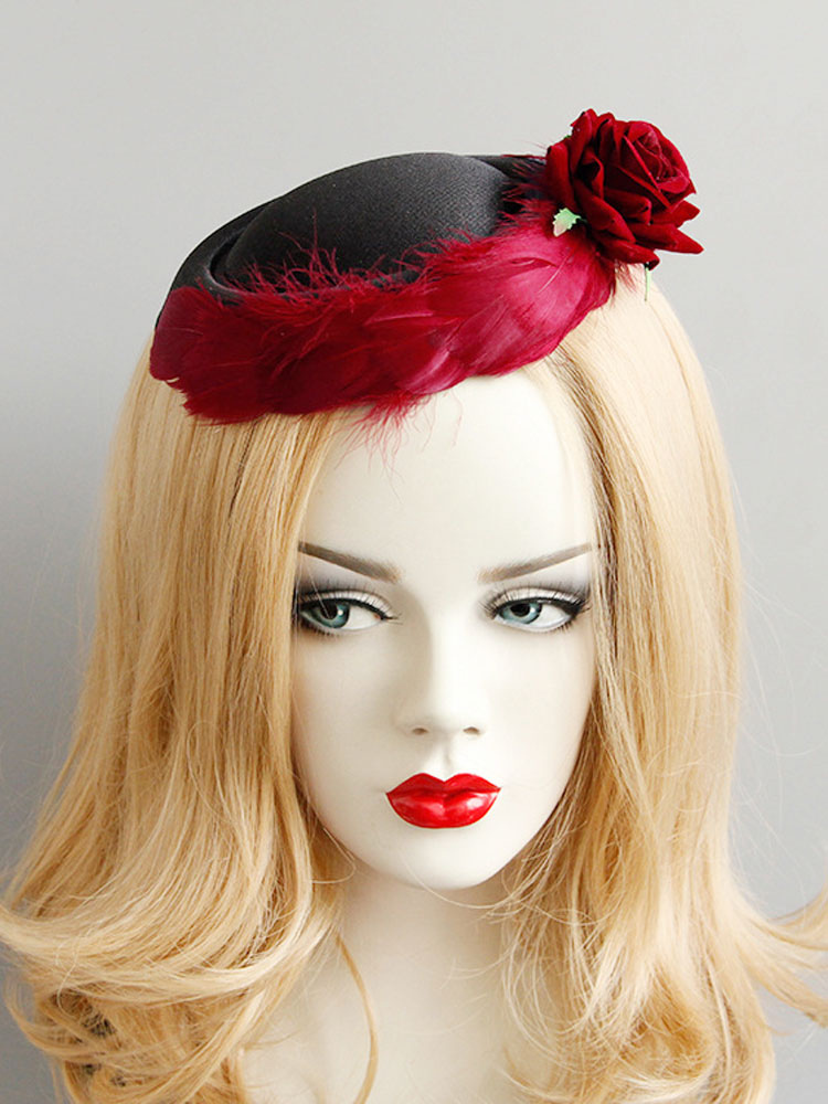 Vintage Headpiece Hat Black Satin Flowers Feather Detail Hair ...