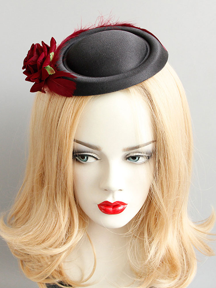 Vintage Headpiece Hat Black Satin Flowers Feather Detail Hair ...