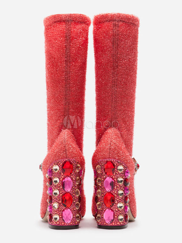 Mid Calf Boots For Women Red Sequined Cloth Round Toe Rhinestones 3.9 ...