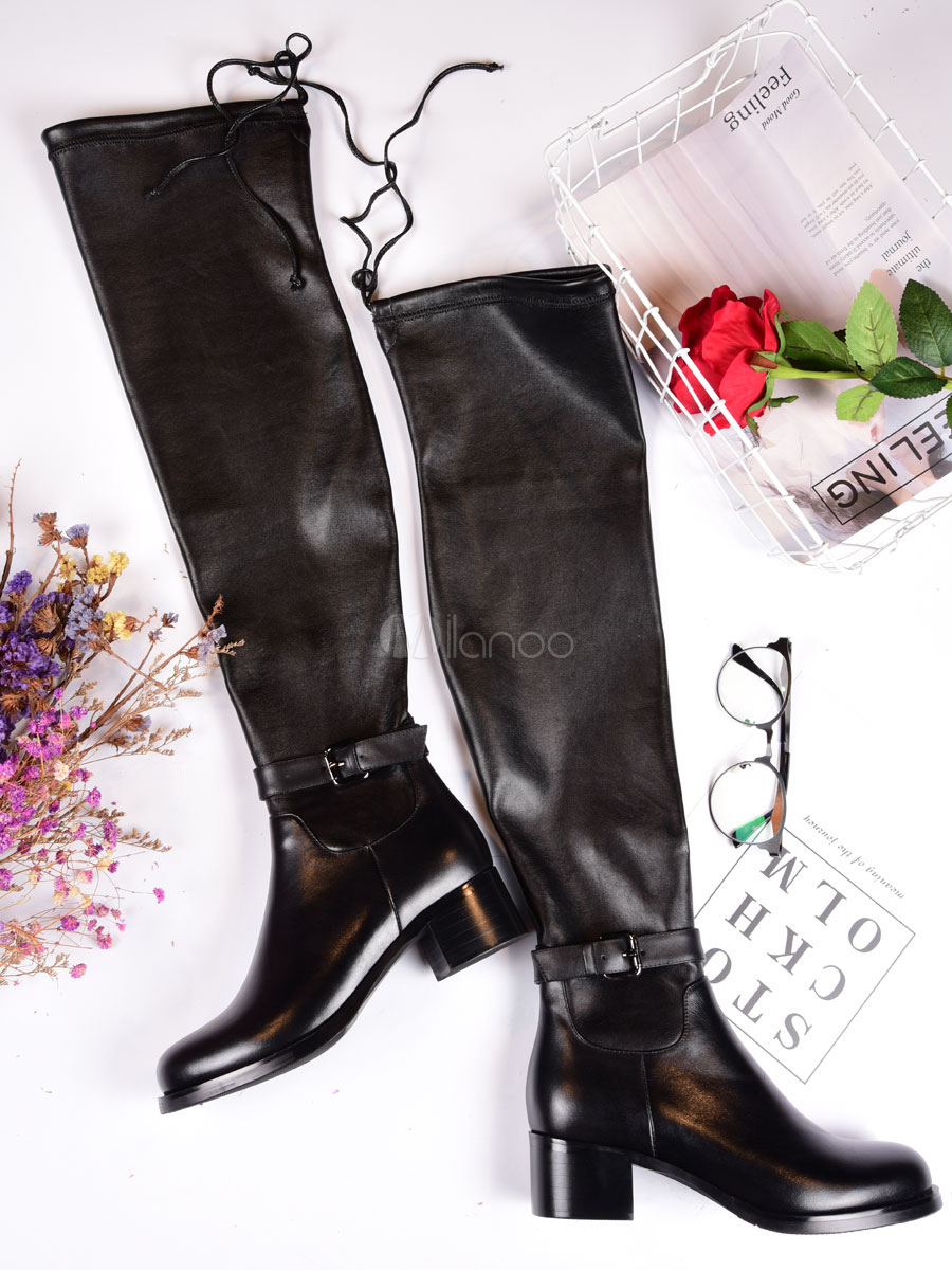 Bottes cuissardes noires pour femmes Bout rond avec boucle et talon ...