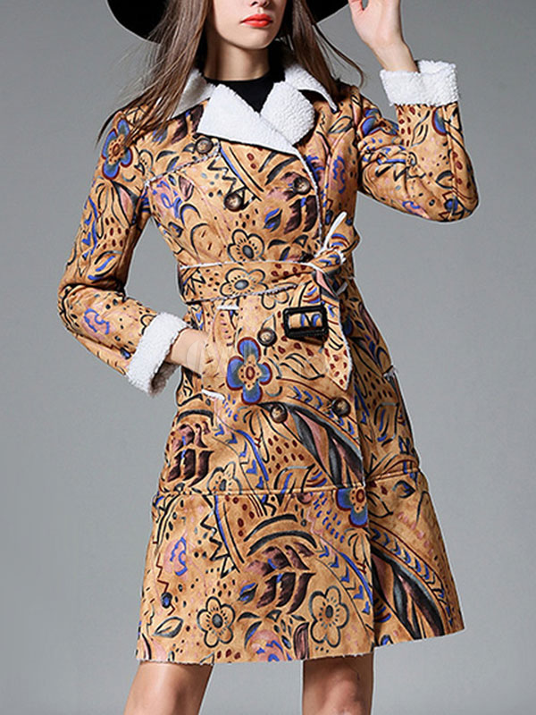 Woman Outerwear Floral Print Turndown Collar Knotted Casual Irregular ...