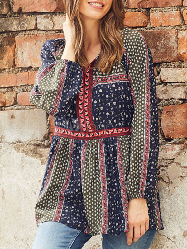 Long Sleeves Tees Royal Blue Floral Print V Neck Tee Shirt For Women ...