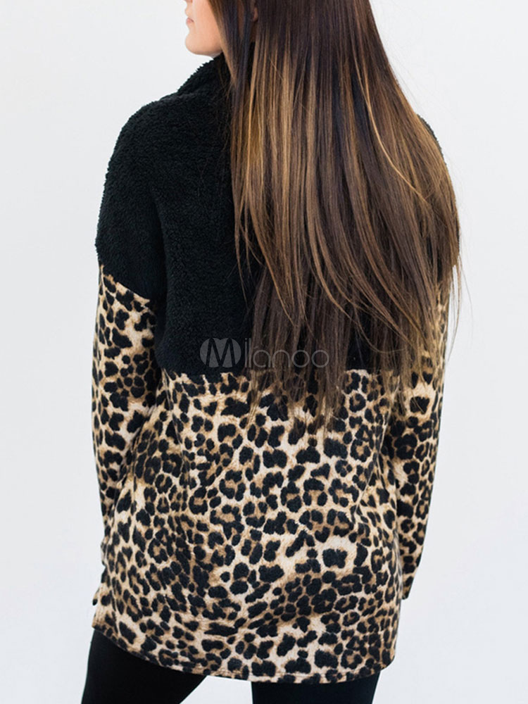 Hoodie For Women Black Long Sleeves Leopard Print Cotton Blend Hooded ...