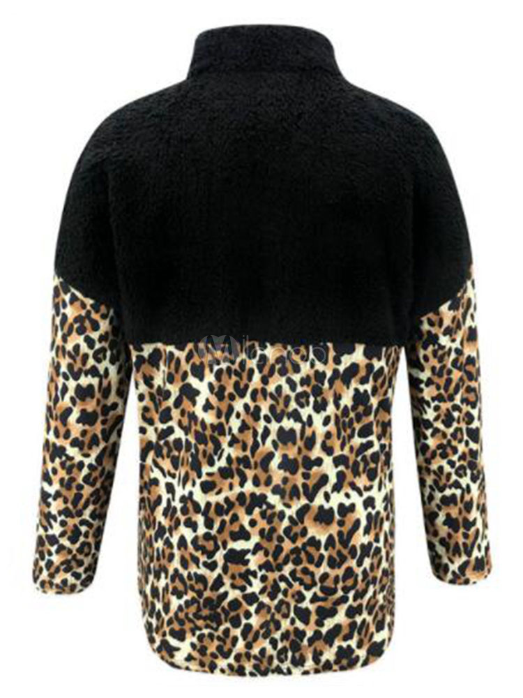 Hoodie For Women Black Long Sleeves Leopard Print Cotton Blend Hooded ...