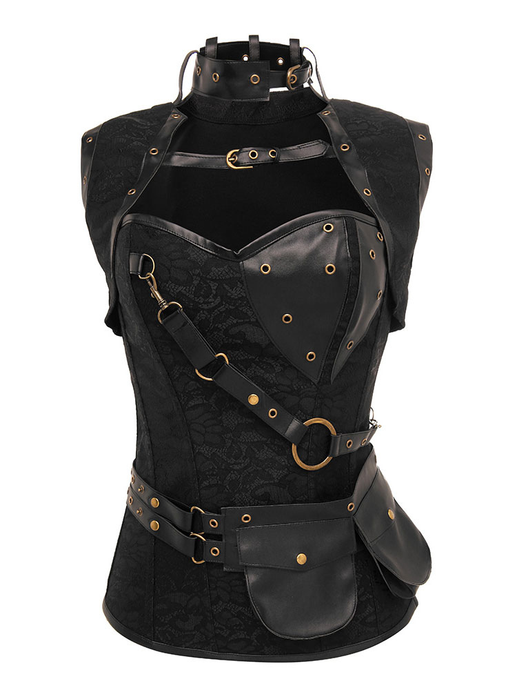 Punk Corset Lingerie Shapewear Grey 2 Piece Lace Up Front Button Corset ...