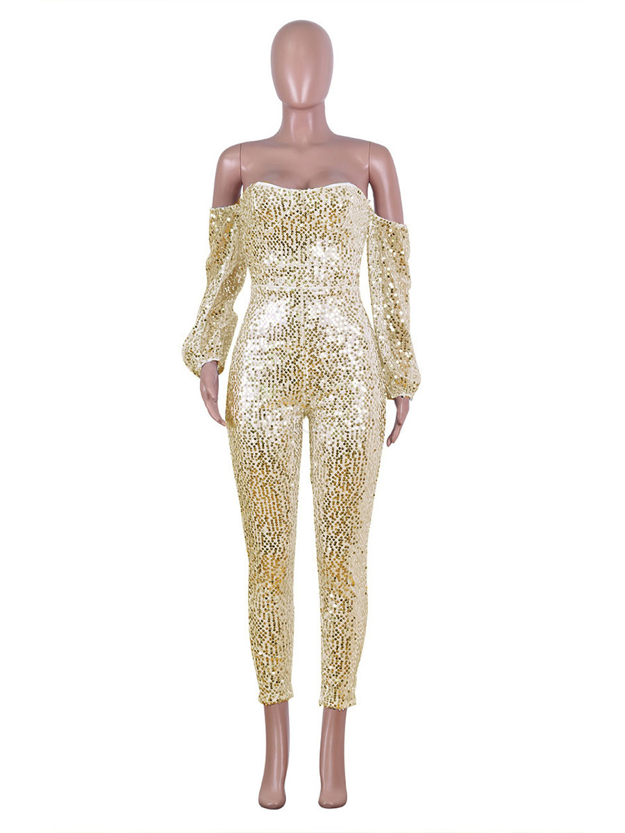 Blond Strapless Long Sleeves Sequins Backless Summer Playsuit - Milanoo.com