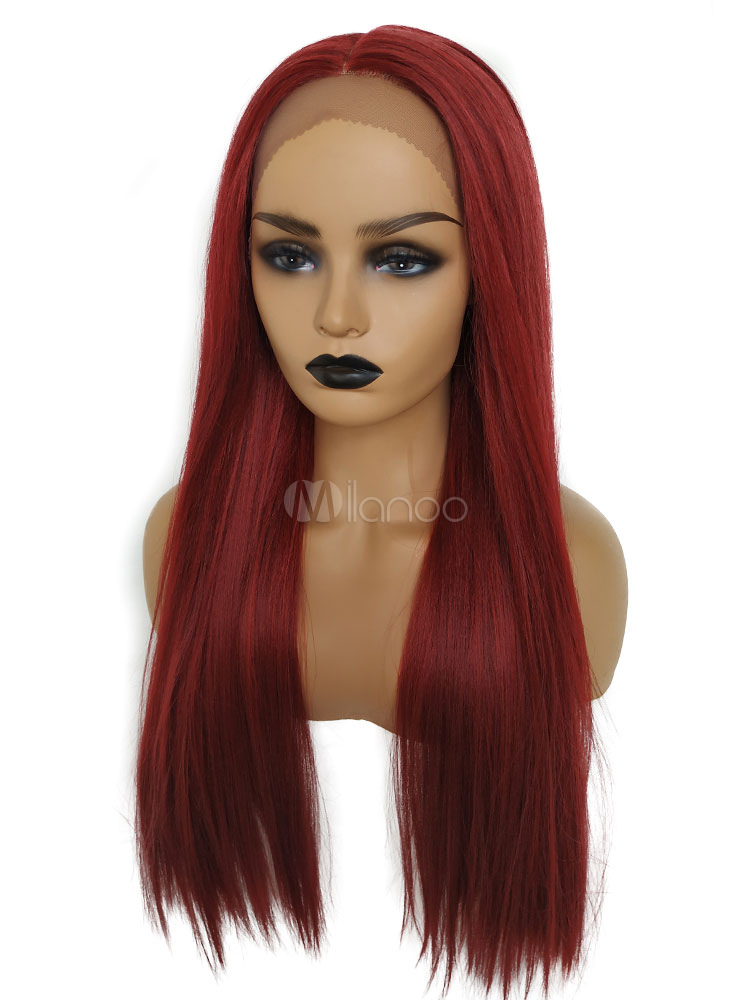 Long Wig For Woman Dark Red Straight Rayon Chic Long Synthetic Wigs ...